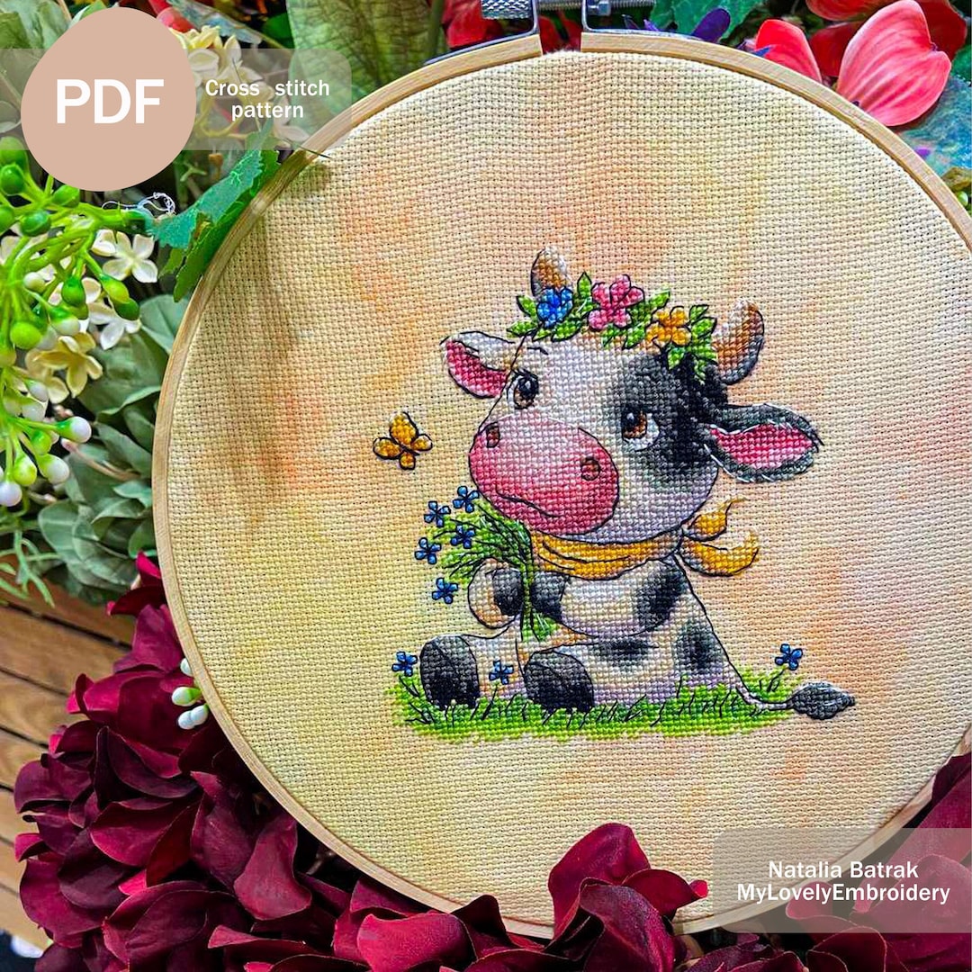 Floral Cow Cross Stitch Pattern: Cottagecore Farmhouse Embroidery (PDF ...