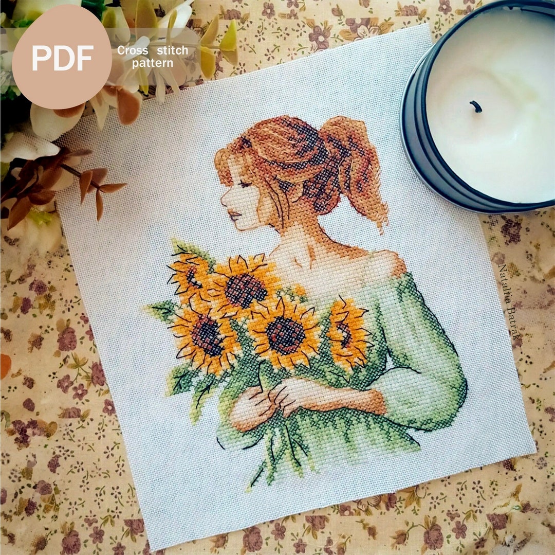 Girl With Sunflowers Cross Stitch Pattern PDF Instant Download, Flower ...