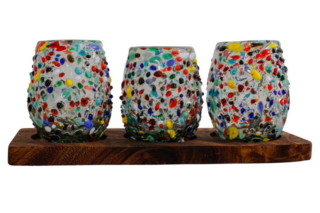 Set of 3 Granulated Blown Glass Glasses With Parota Wood Base - Etsy