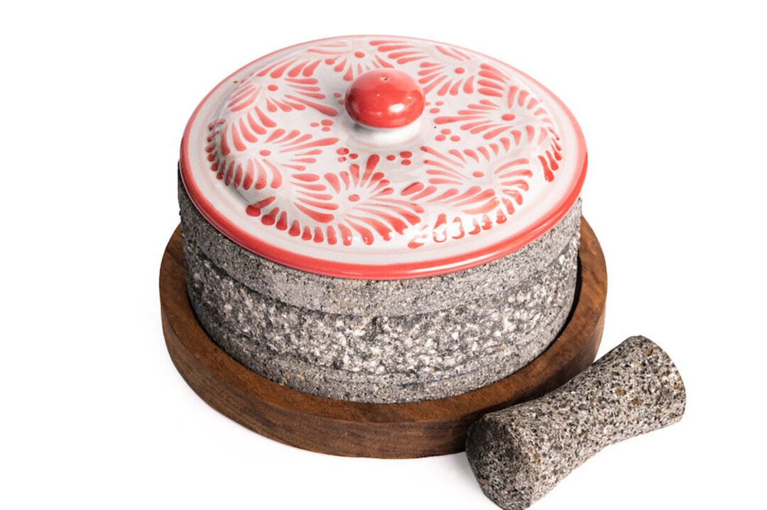 Yolia Molcajete With Pink Talavera Lid and Parota Wood Base 20cm/7.8in ...