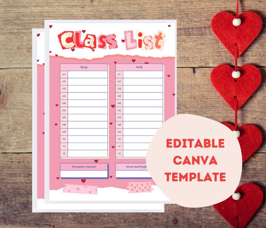 Valentine Class List for Teachers, Valentine's Day Printable, Valentine ...