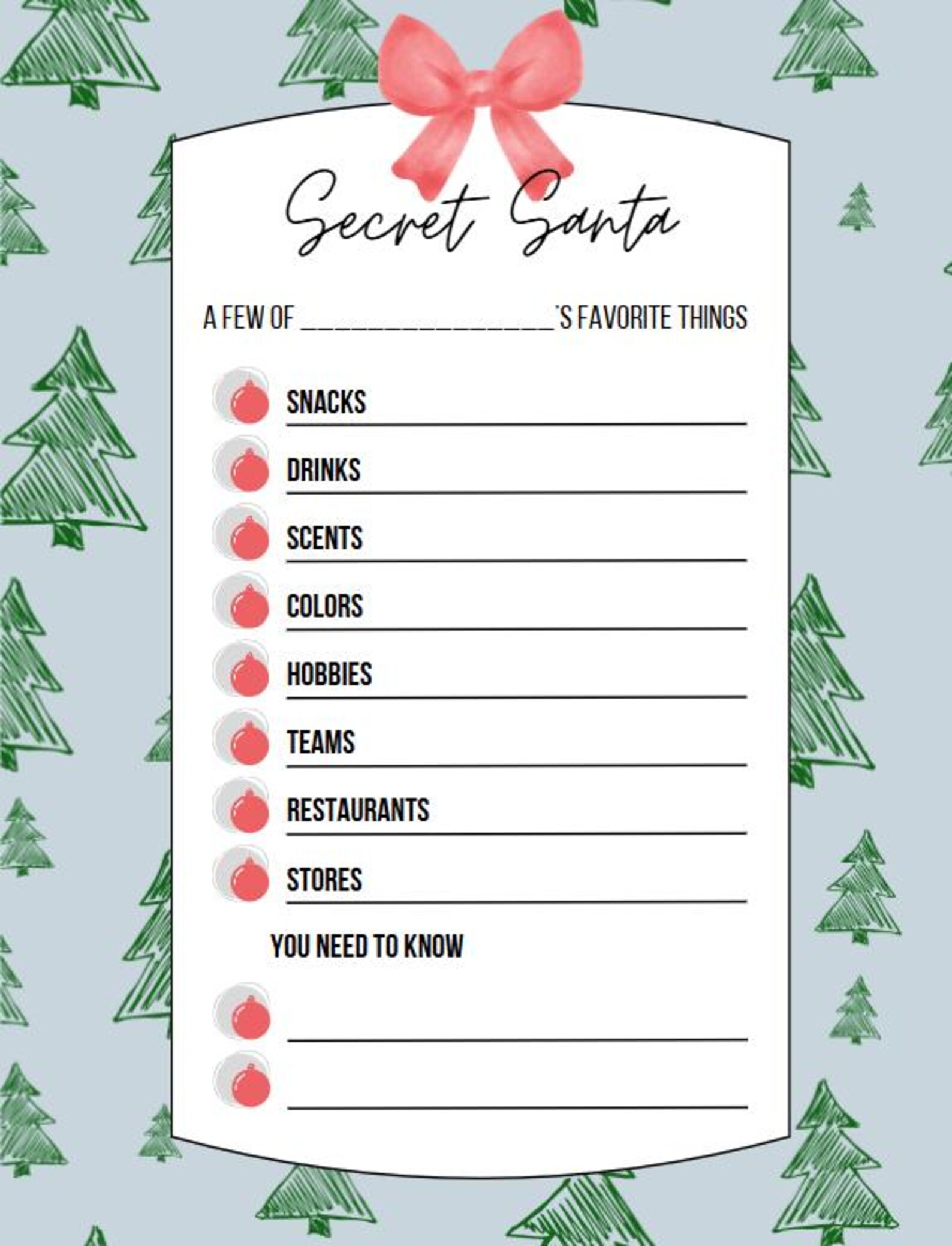 Secret Santa Survey, Secret Santa Printable, Secret Santa Questionnaire ...