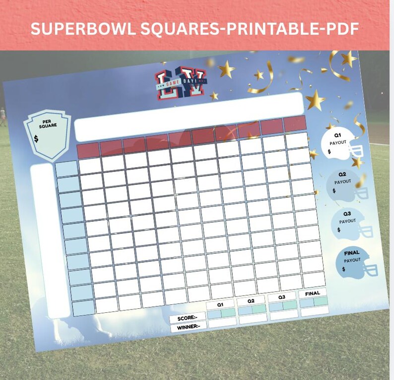 Printable Super Bowl Squares, PDF Printable Football Game Card ...