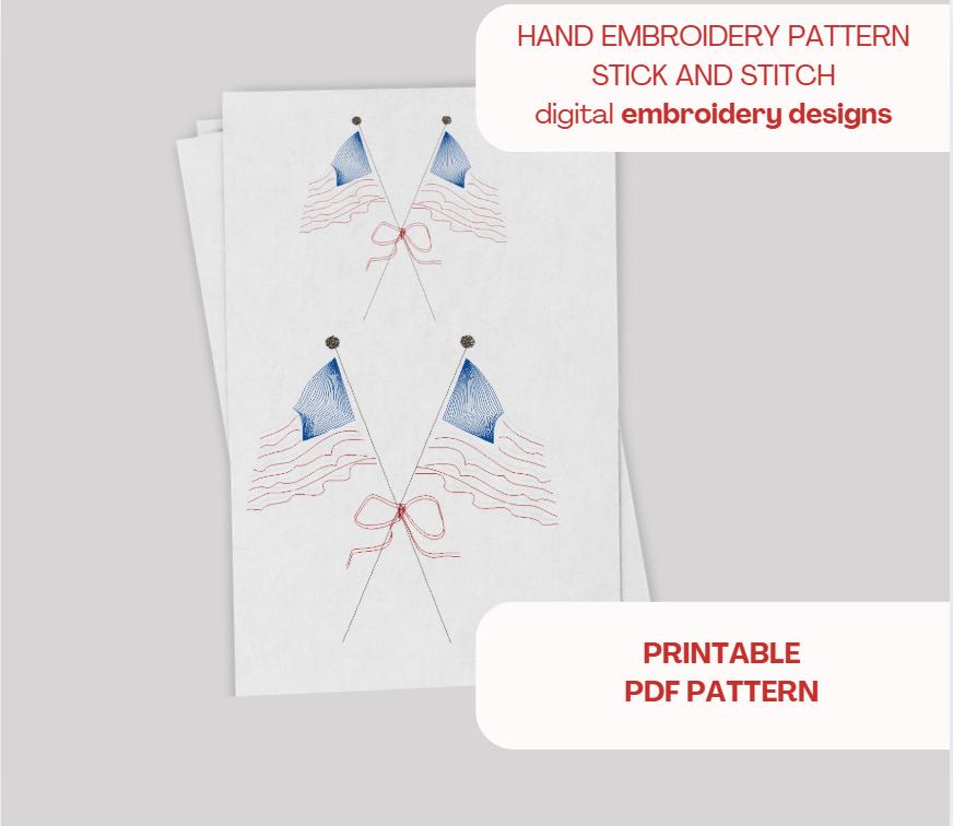 Flag With Ribbon Hand Embroidery Pattern, Fourth of July Hand ...
