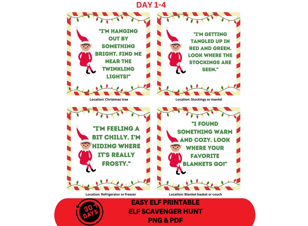 Printable Christmas Elf Scavenger Hunt | Printable Holiday Game for ...