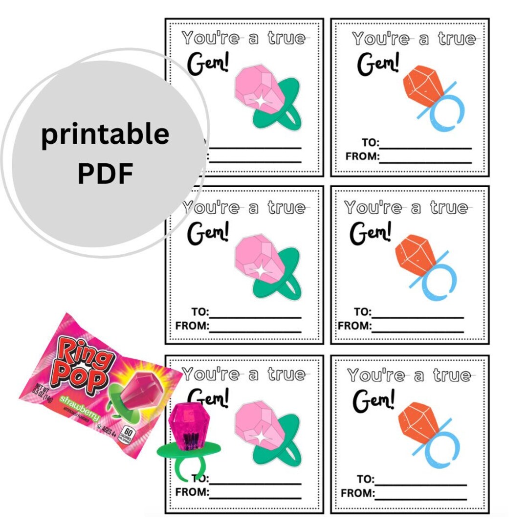 KIDS Printable Valentine Cards, Ring Pop Valentine Printable Valentines ...