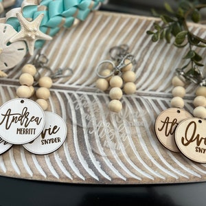 Personalized Engraved Wood Bead Keychain, Backpack Name Tag, Boho Purse ...