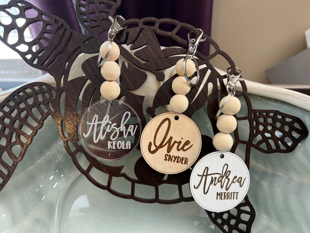 Personalized Engraved Wood Bead Keychain, Backpack Name Tag, Boho Purse ...