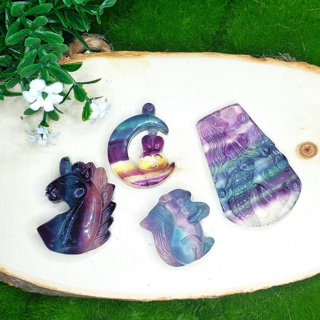 Mini Fluorite Carvings, Hello Kitty, Squirrel, Mermaid, Siren, Moon ...