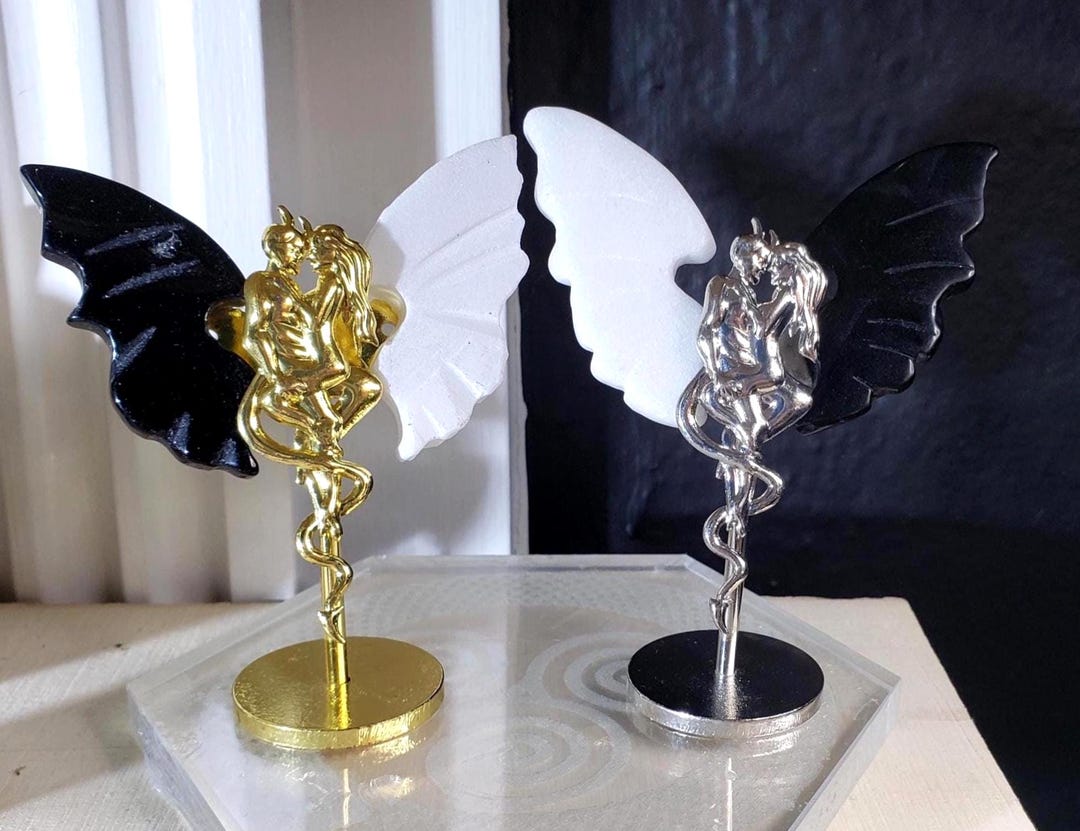Angel and Devil Embrace Statue - Figurine With Obsidian & White Jade ...