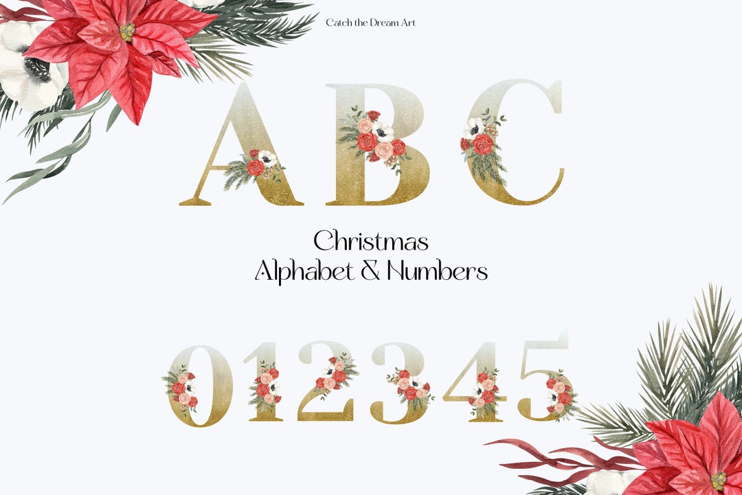 Watercolor Christmas Alphabet & Numbers Clipart Winter Floral Gold ...