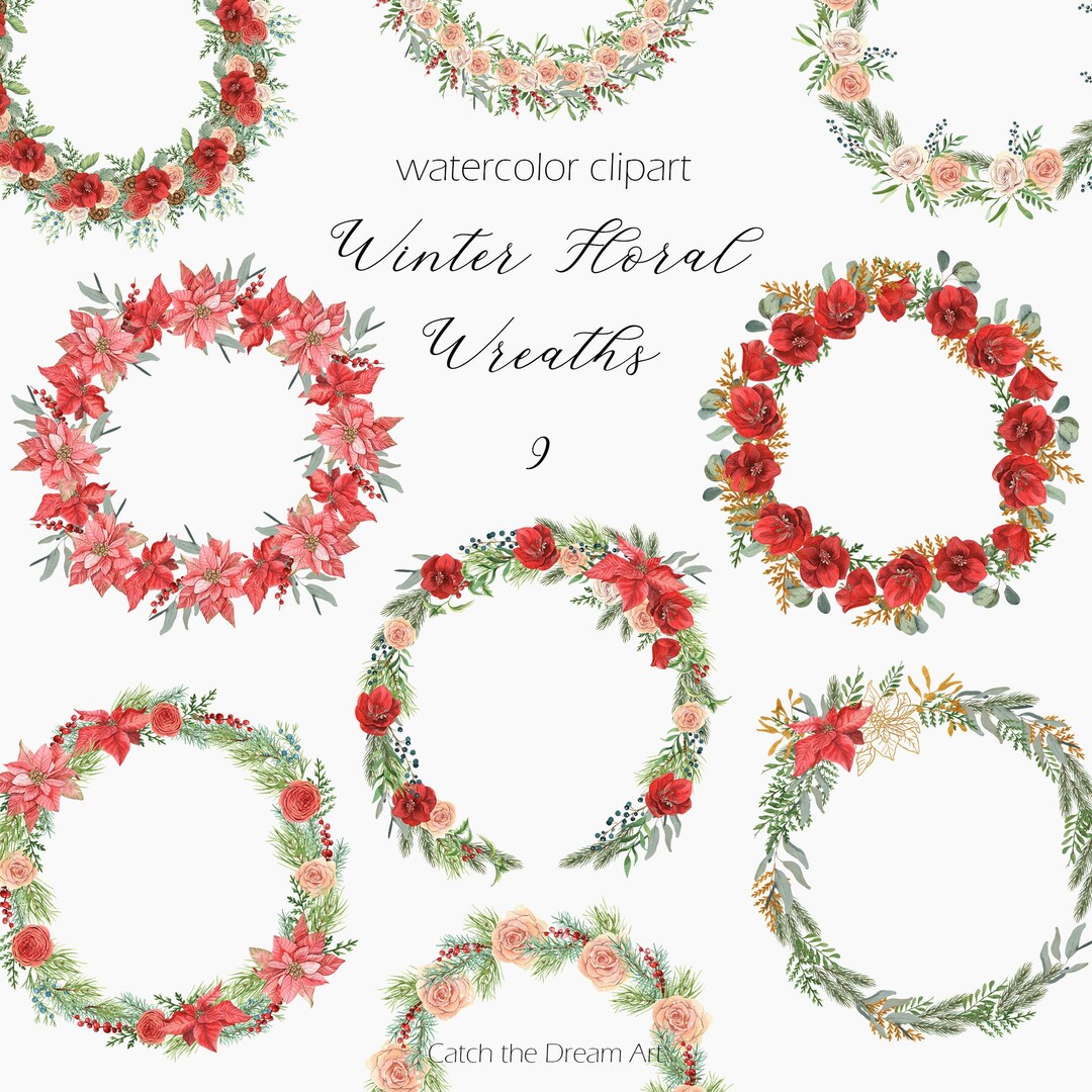 Watercolor Christmas Wreaths Clipart Winter Red Poinsettia - Etsy