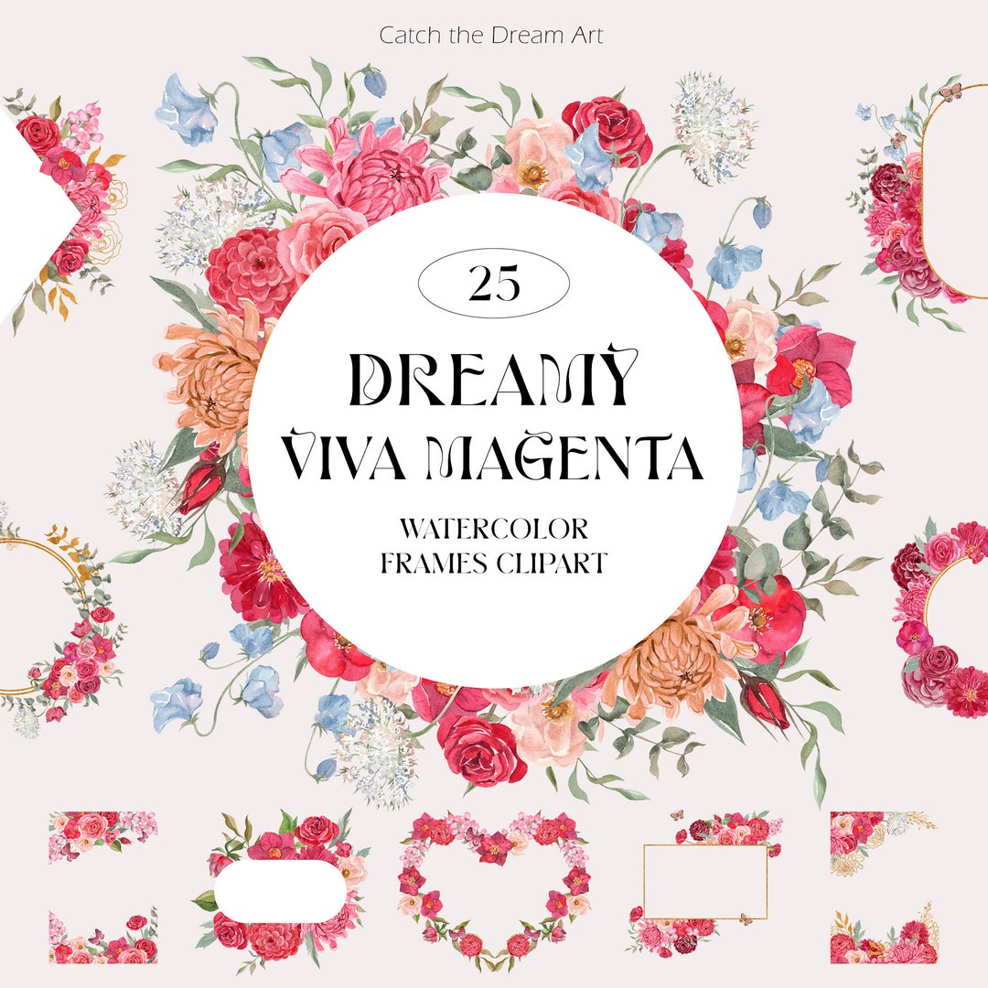 Floral Frames Watercolor Clipart, Viva Magenta Flower Heart Wreath ...