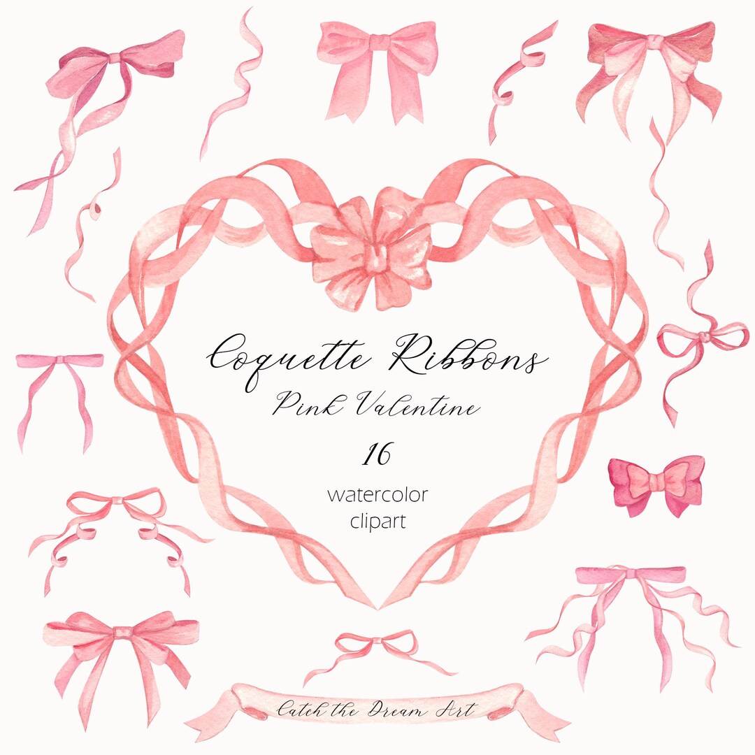 Coquette Ribbon Bows Watercolor Clipart Pink Valentine Feminine Ribbons ...