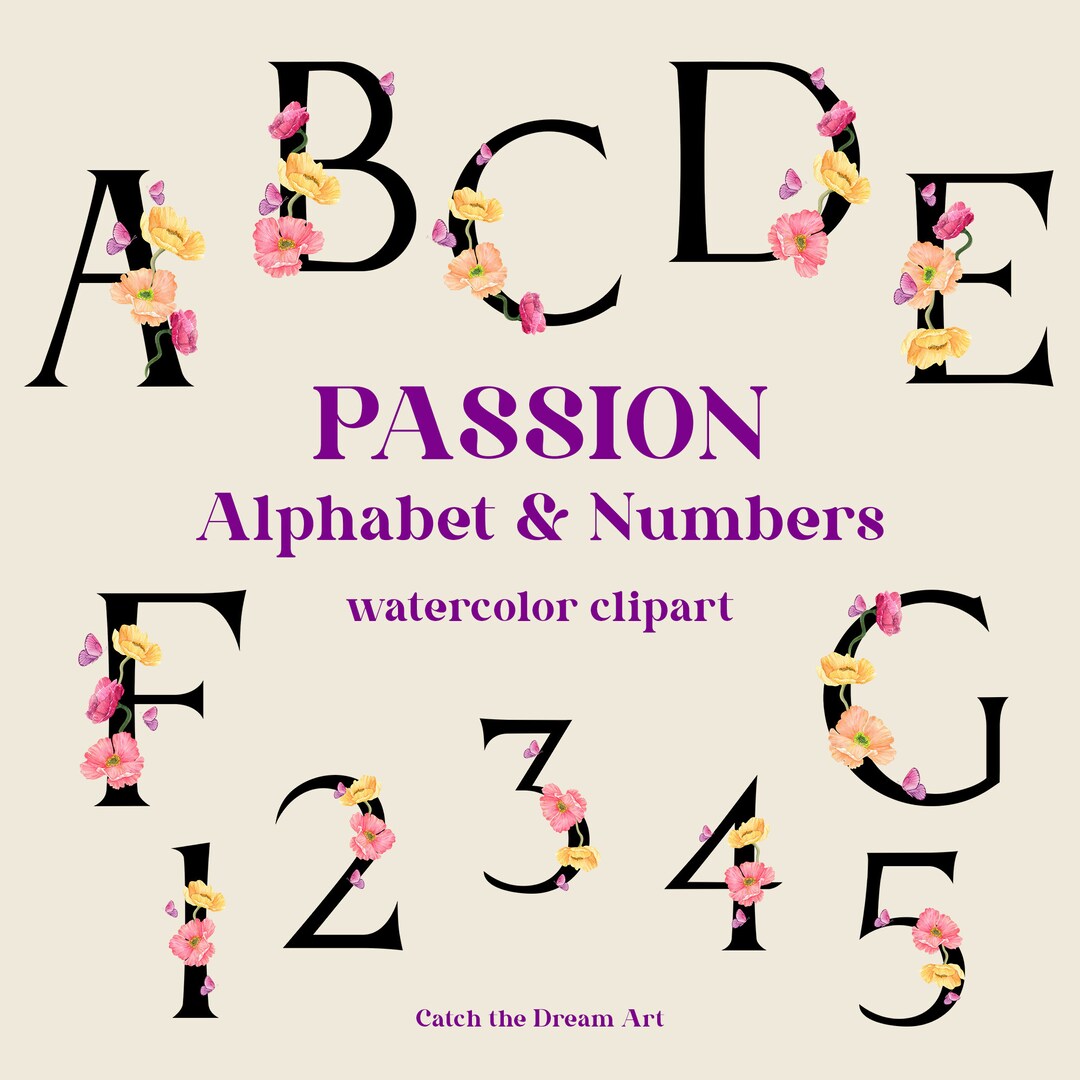 Floral Alphabet Watercolor Clipart - Bright Poppy Flowers Black Letters ...