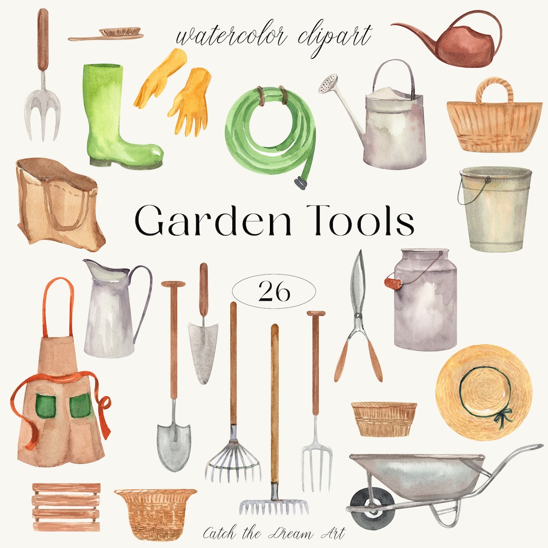 Watercolor Gardening Tools Clipart - Cottage Garden Equipment Watering ...