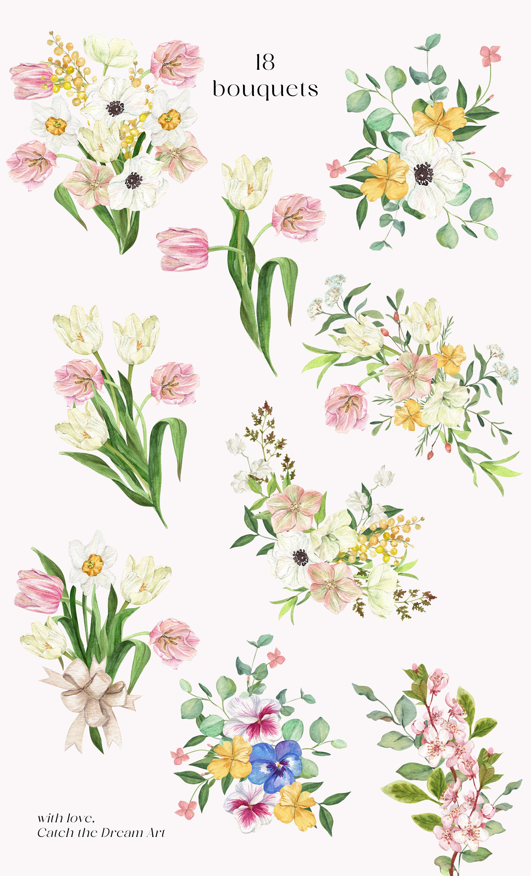 Watercolor Spring Blooms Clipart Easter Floral Bouquets Delicate Tulip ...