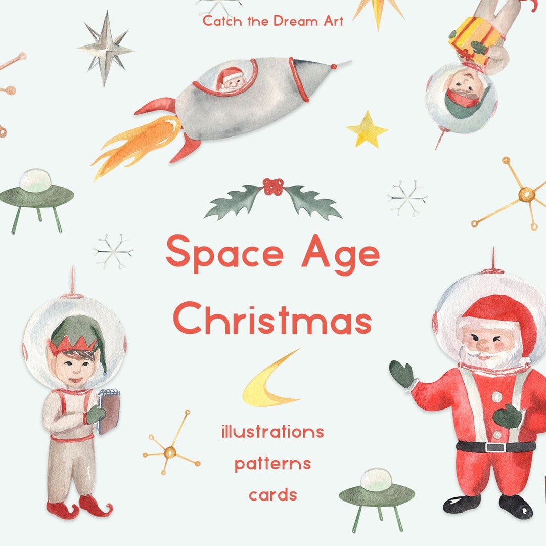 Mid-century Modern Christmas Watercolor Clipart Space Age Atomic Retro ...
