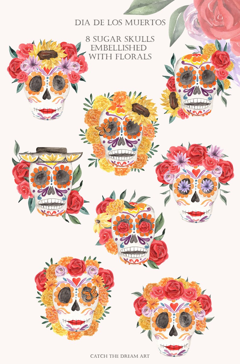 Dia De Los Muertos Watercolor Clipart Mexican Day of the Dead Sugar ...