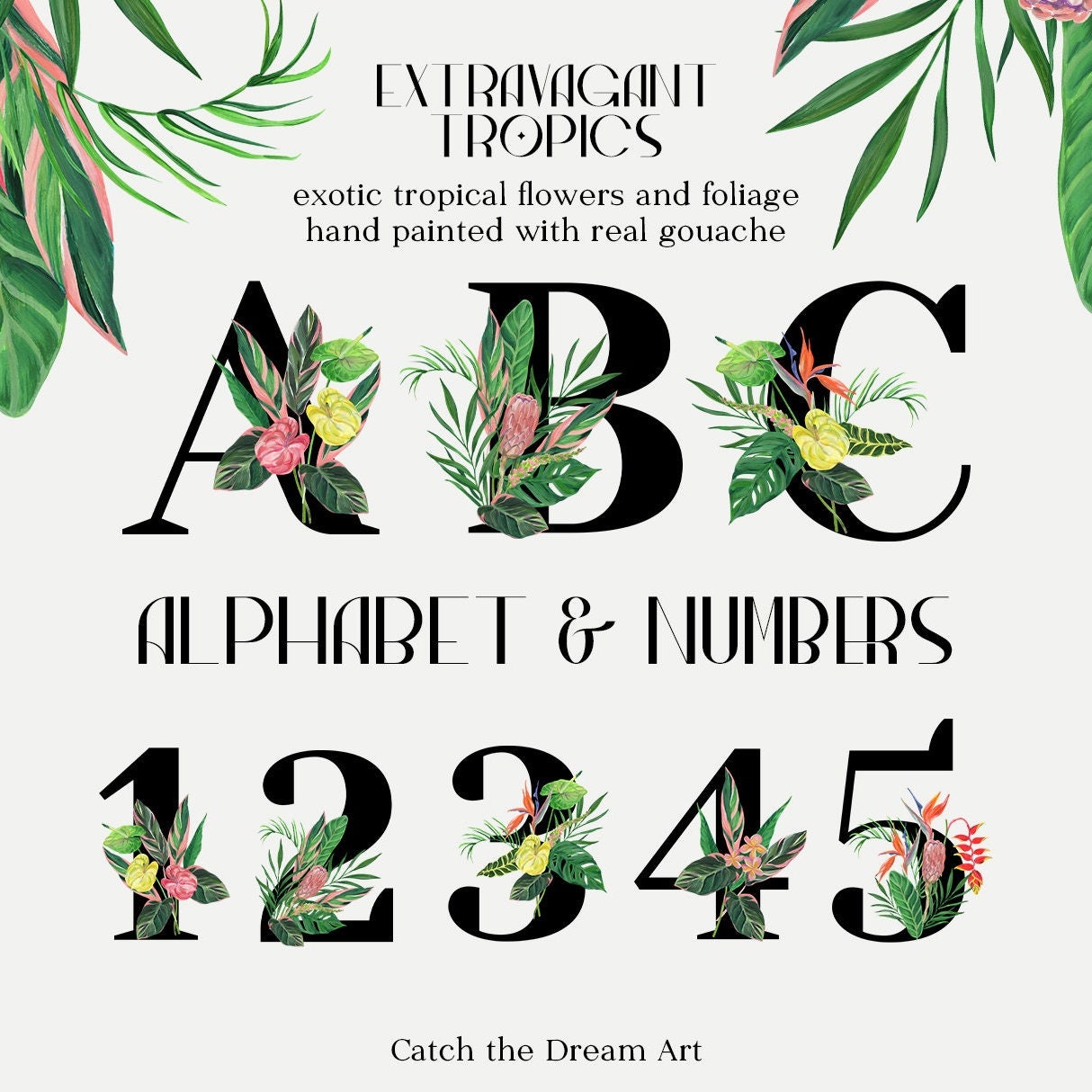 Tropical Alphabet & Numbers Clipart Gouache Tropic Flowers Exotic Palm ...