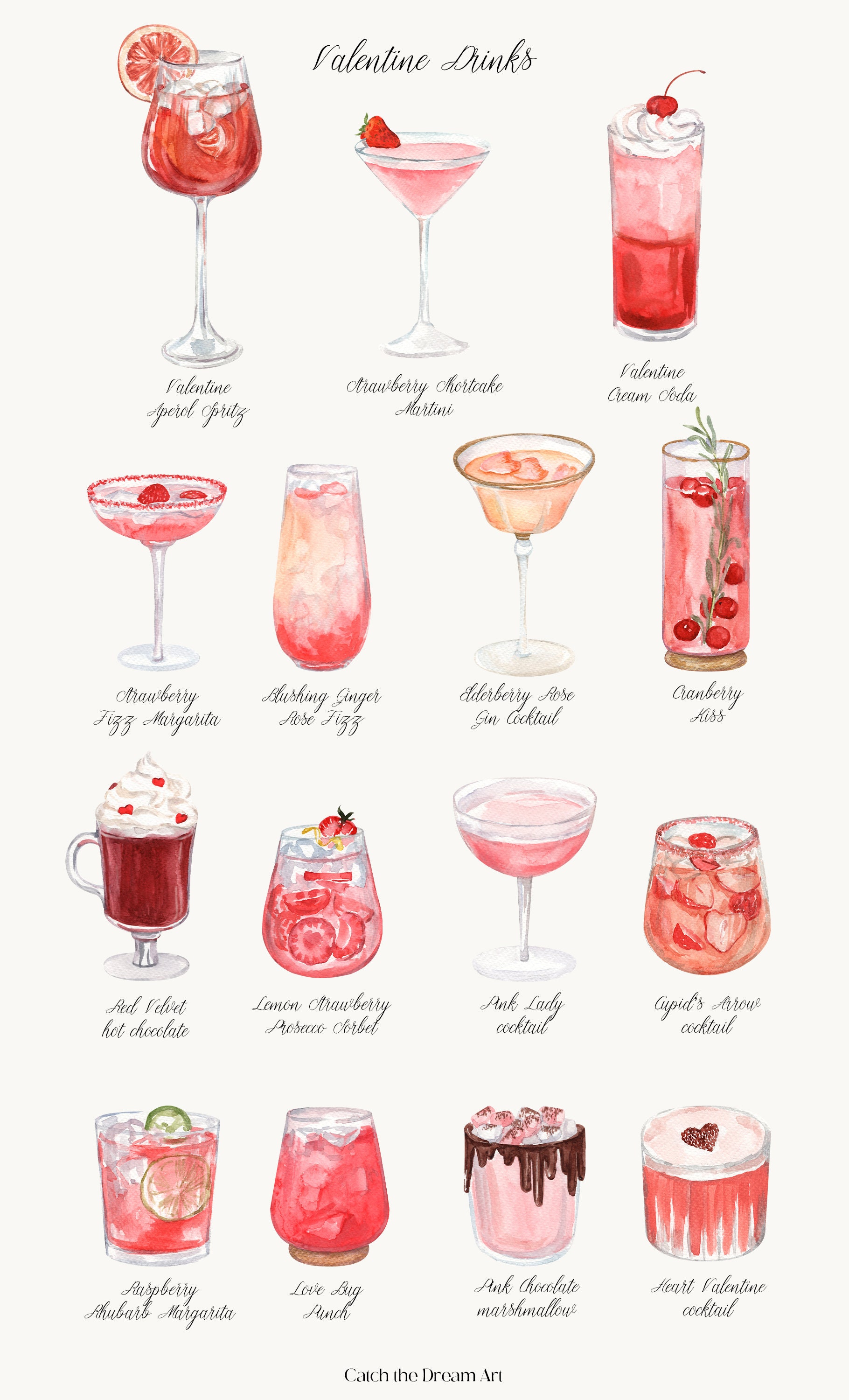 Watercolor Valentine Cocktail Clipart Pink Alcohol Mix Drink Garnish ...