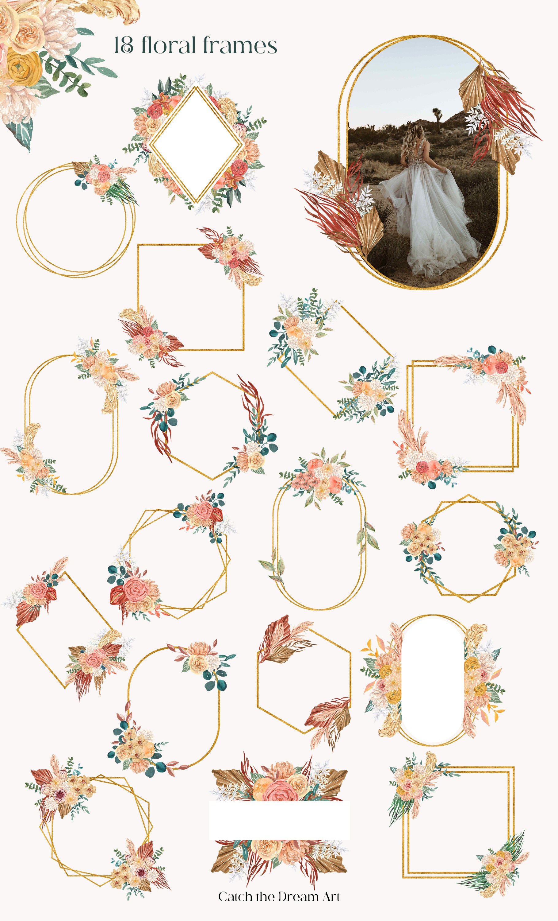 Watercolor Boho Frames Clipart Dried Floral Gold Frame Protea Pampas ...