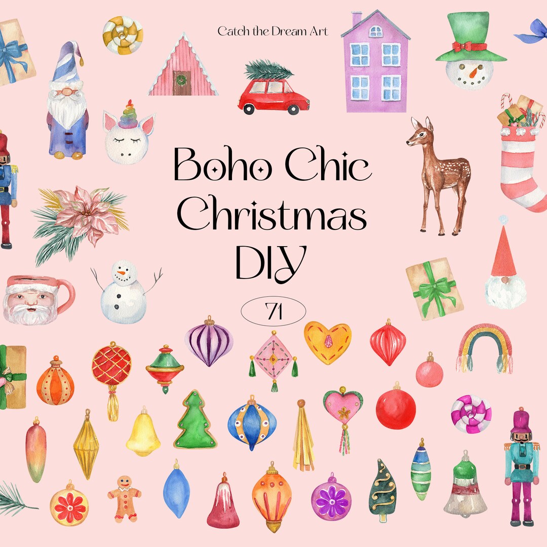 Whimsical Christmas Watercolor DIY Clipart Boho Chic Christmas Bright ...