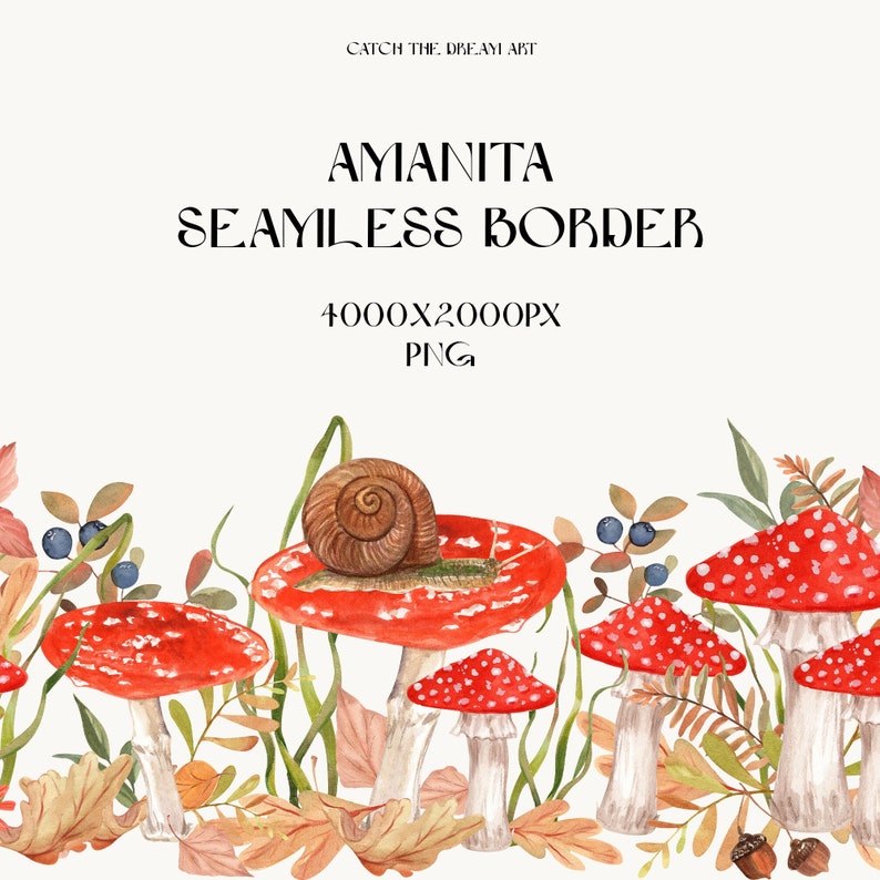 Fall Mushrooms Border Watercolor Clipart - Amanita Seamless Border ...