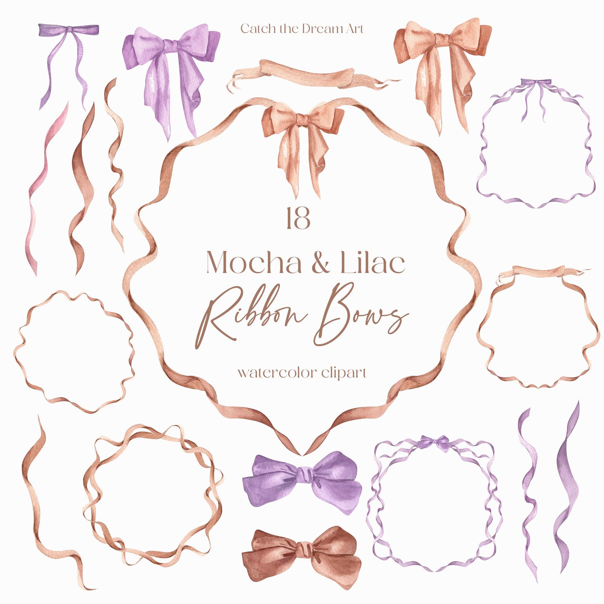 Watercolor Ribbon Bow Clipart: Mocha & Lilac Frames (PNG Digital ...