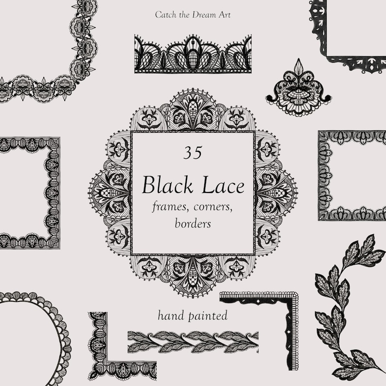 Black Lace Clipart: Lace Frames, Borders, Corners Vintage Hand Drawn ...