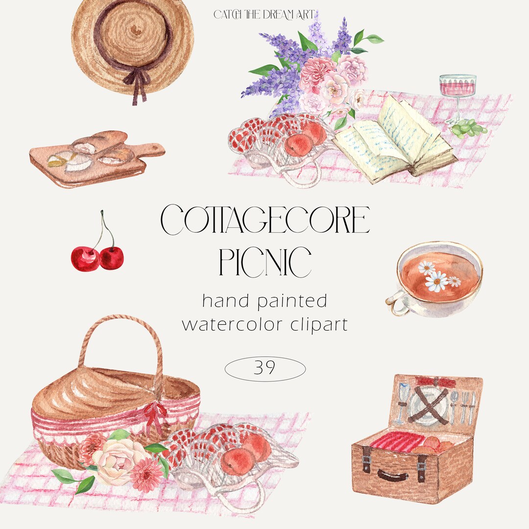 Watercolor Picnic Clipart Cottagecore Picnic Basket Book Fruit Tea ...
