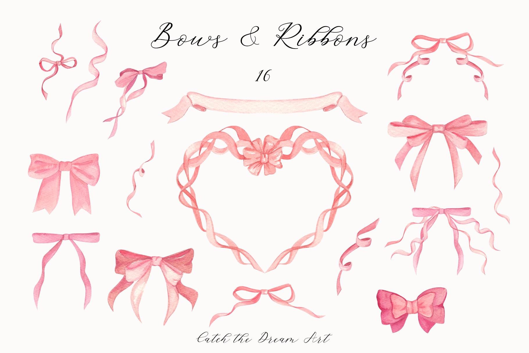 Coquette Ribbon Bows Watercolor Clipart Pink Valentine Feminine Ribbons ...
