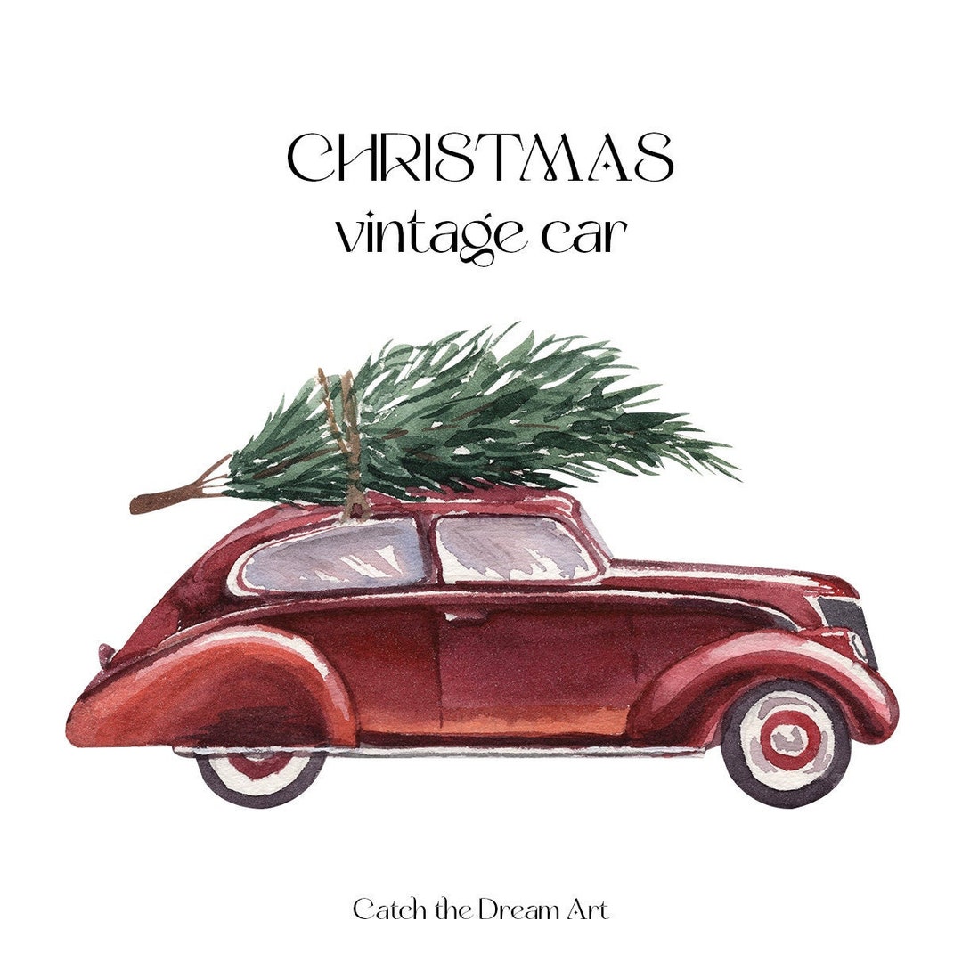 Watercolor Vintage Christmas Car Clipart Illustration Red Retro Car ...