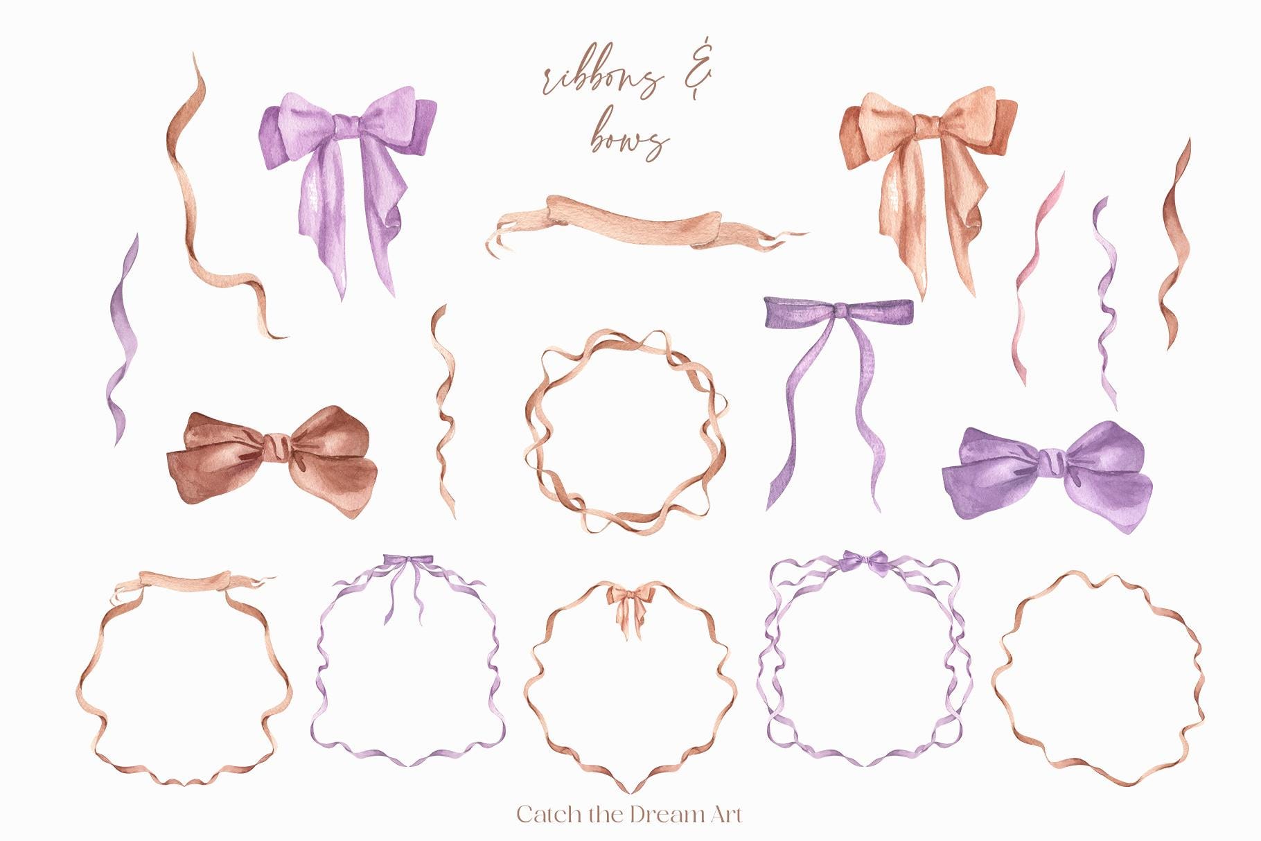 Watercolor Ribbon Bow Clipart: Mocha & Lilac Frames (PNG Digital ...