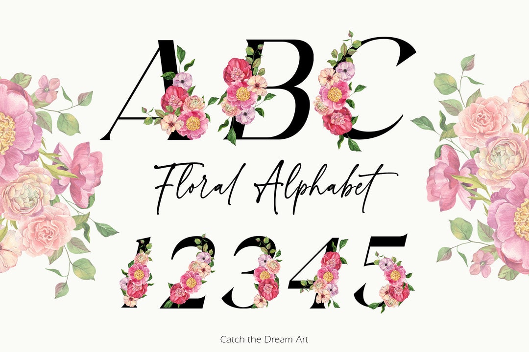 Floral Alphabet Clipart: Pink Peony Rose Watercolor Letters (PNG ...