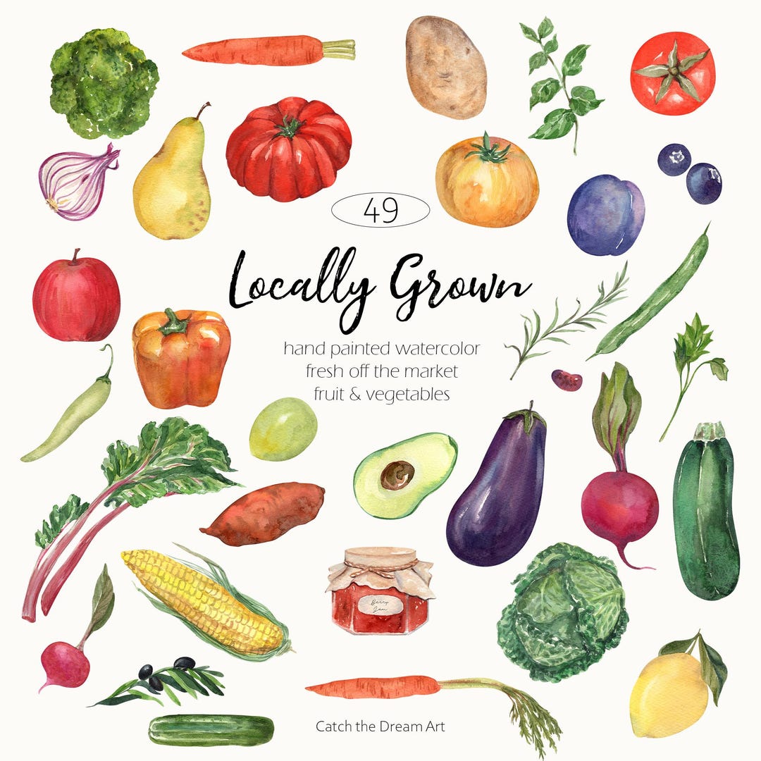 Farm Vegetables & Fruit Watercolor Clipart: Locally Grown Fresh off the ...