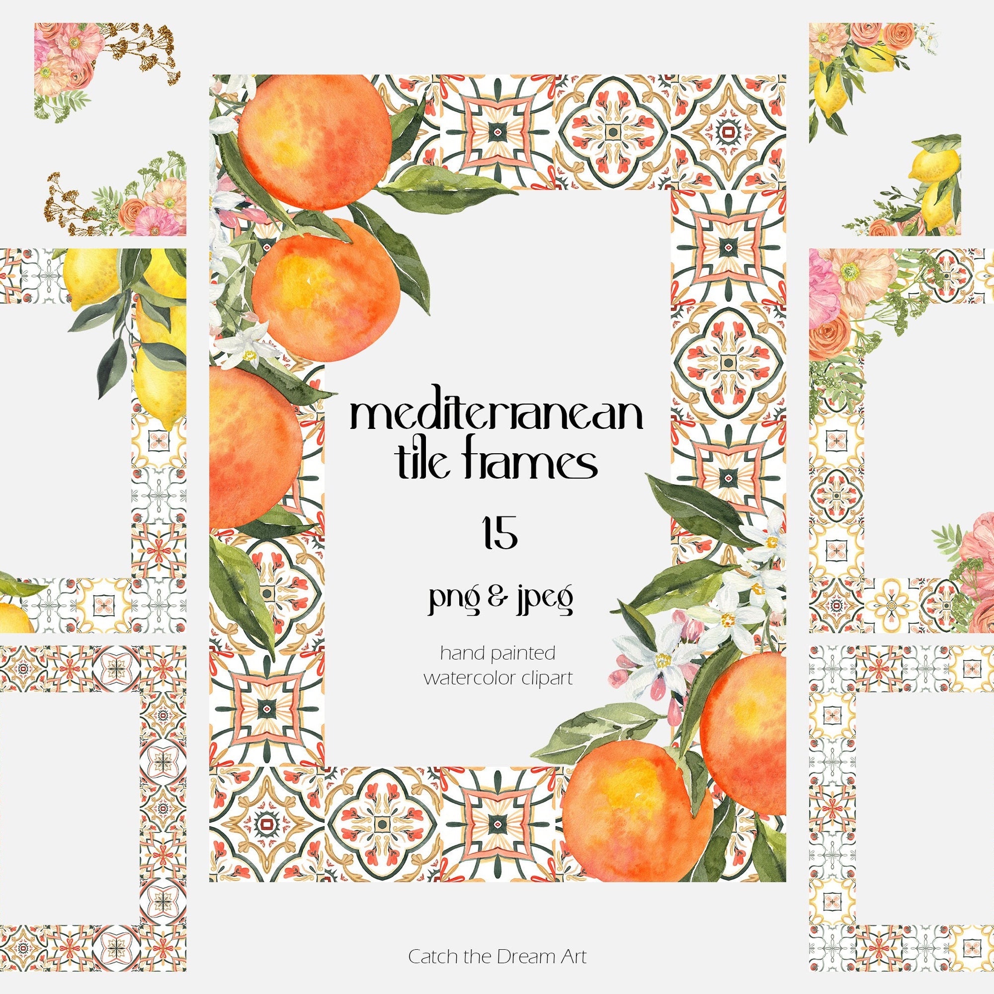 Watercolor Mediterranean Tile Frames Clipart Orange Citrus Florals ...