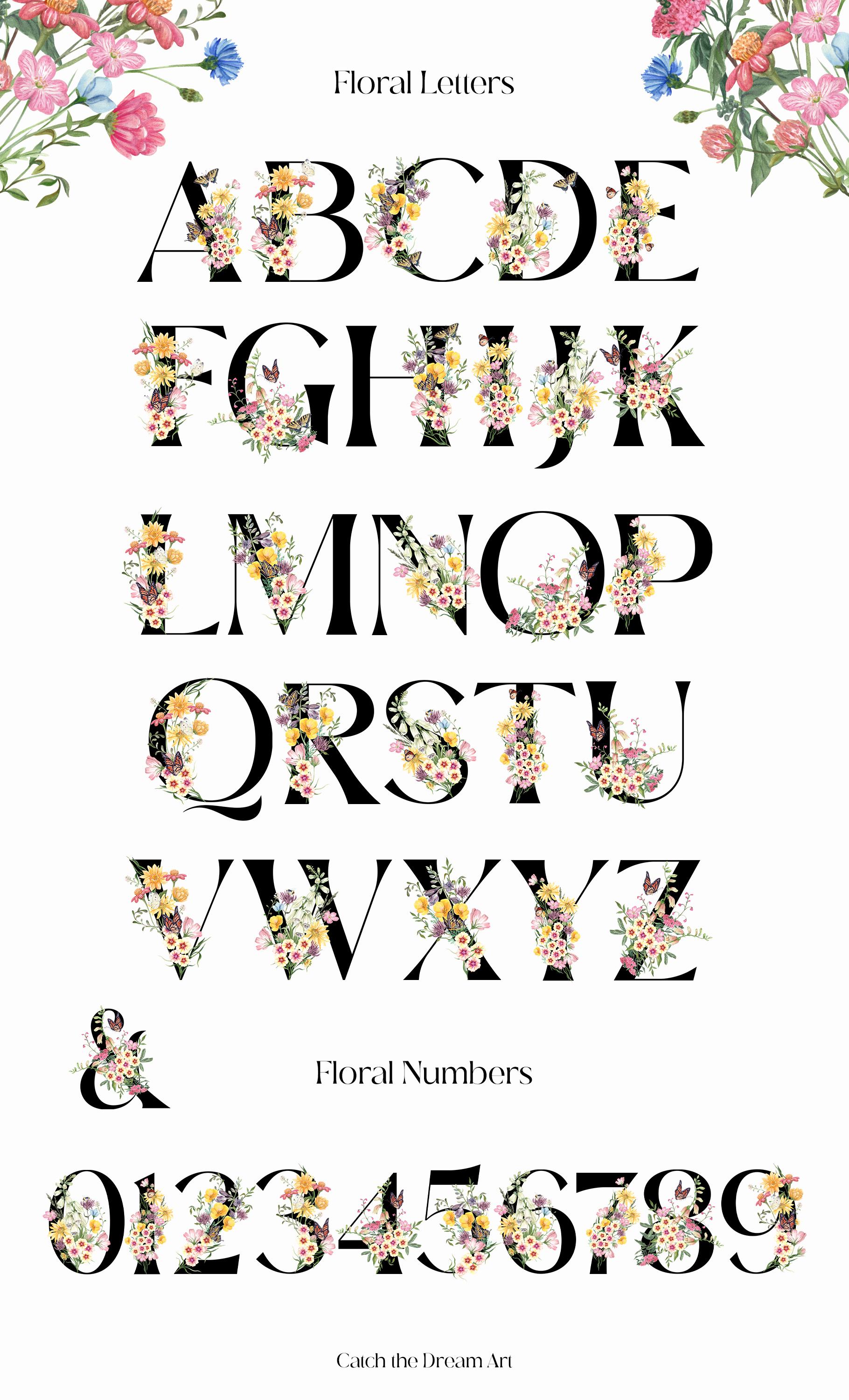 Wildflower Alphabet & Numbers Clipart Delicate Butterfly Meadow Floral ...