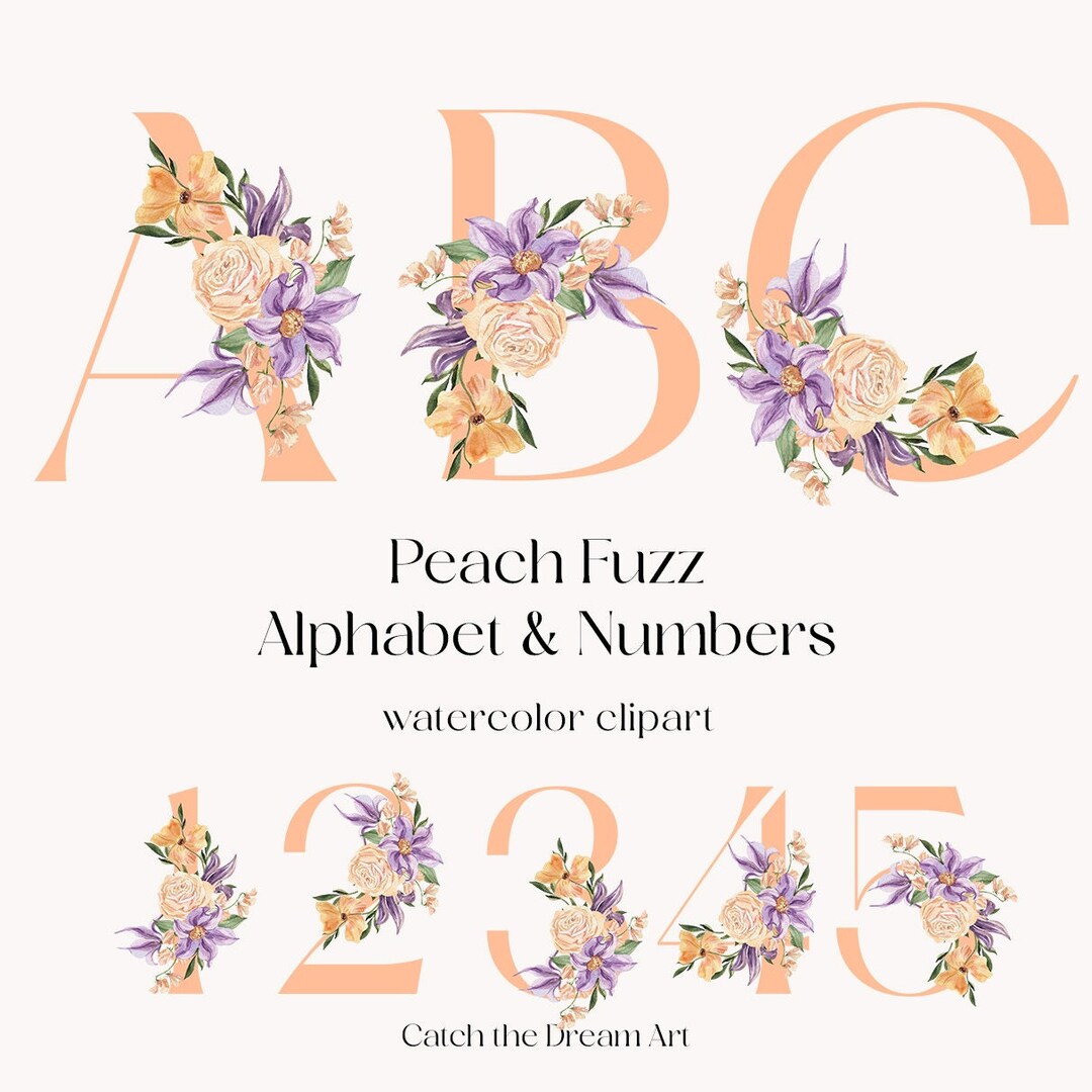 Peachy Floral Alphabet & Numbers Watercolor Clipart Peach Fuzz Pink ...