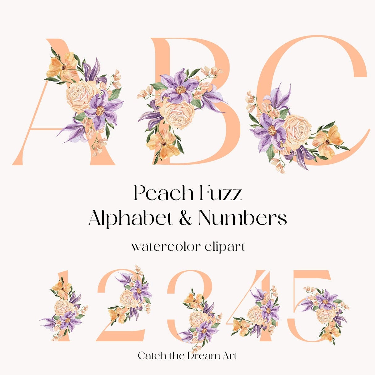 Peachy Floral Alphabet & Numbers Watercolor Clipart Peach Fuzz Pink ...
