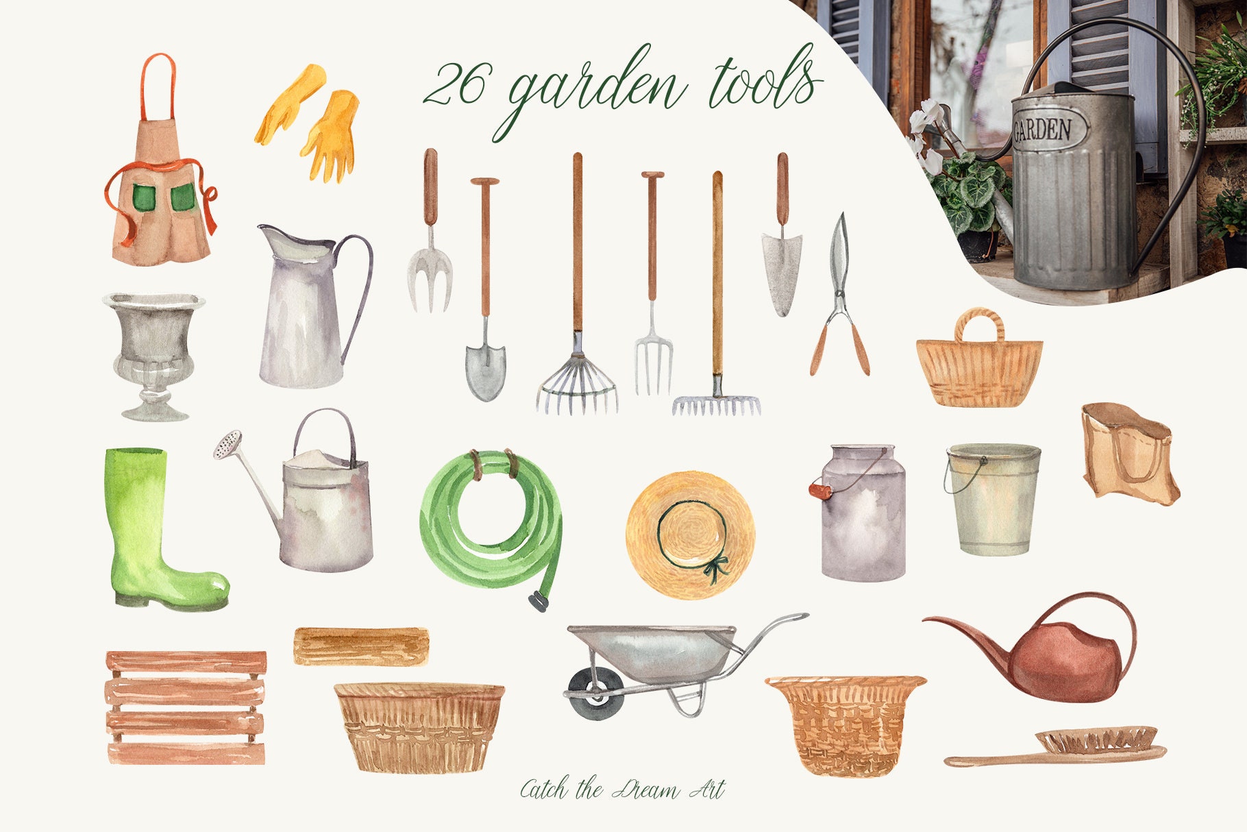 Watercolor Gardening Tools Clipart - Cottage Garden Equipment Watering ...