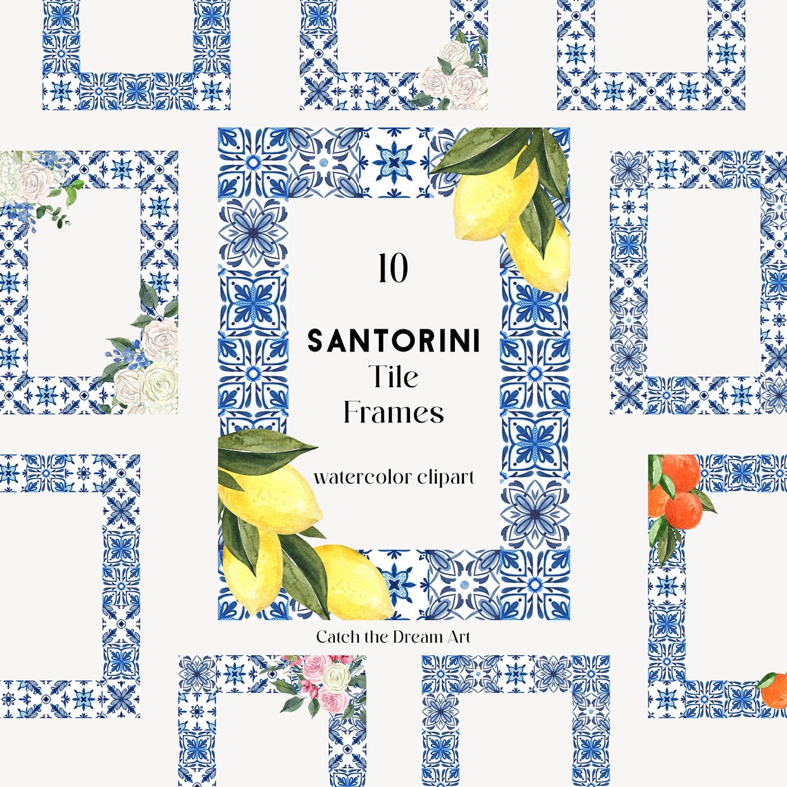 Santorini Blue Tile Frames Watercolor Clipart Mediterranean Portuguese ...