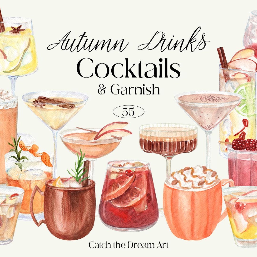 Autumn Cocktails Watercolor Clipart, Fall Mocktail Aperol Alcohol Drink ...