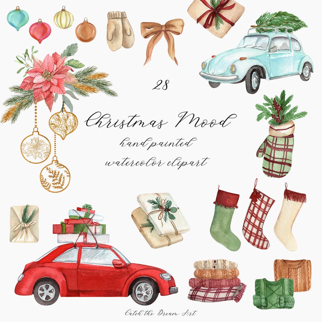 Christmas Watercolor Clipart: Cozy Car, Ornaments, Sweater (PNG) - Etsy