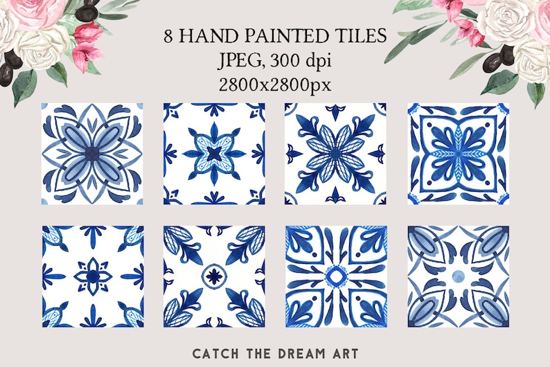 Mediterranean Blue Tiles Watercolor Clipart DIY Portuguese Azulejo ...