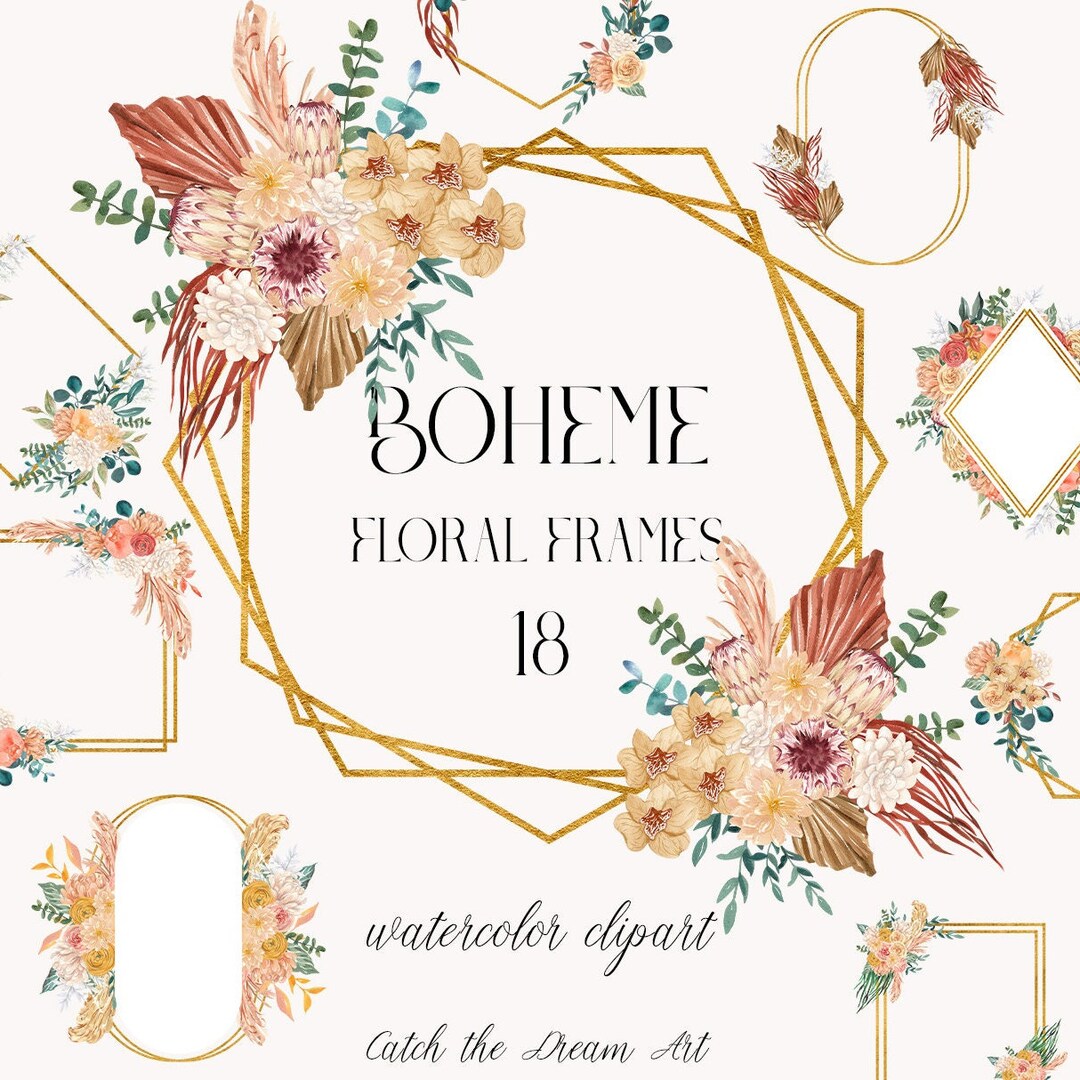 Watercolor Boho Frames Clipart Dried Floral Gold Frame Protea Pampas ...