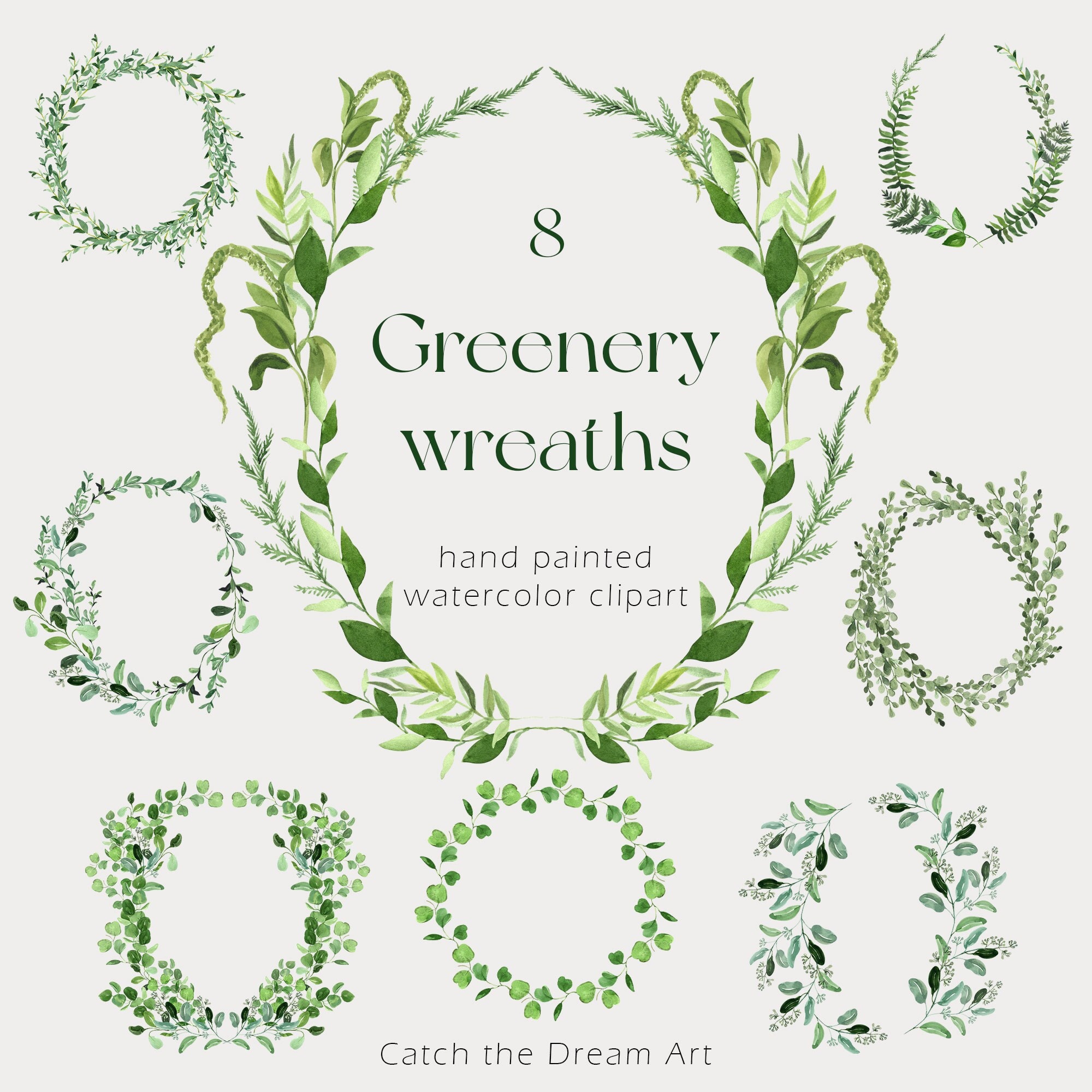 Watercolor Greenery Wreaths Clipart: Eucalyptus, Fern, Herbs (PNG) - Etsy