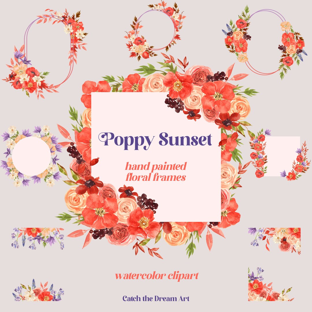 Poppy Frames Watercolor Clipart Red Floral Frame Bright Poppies Purple ...