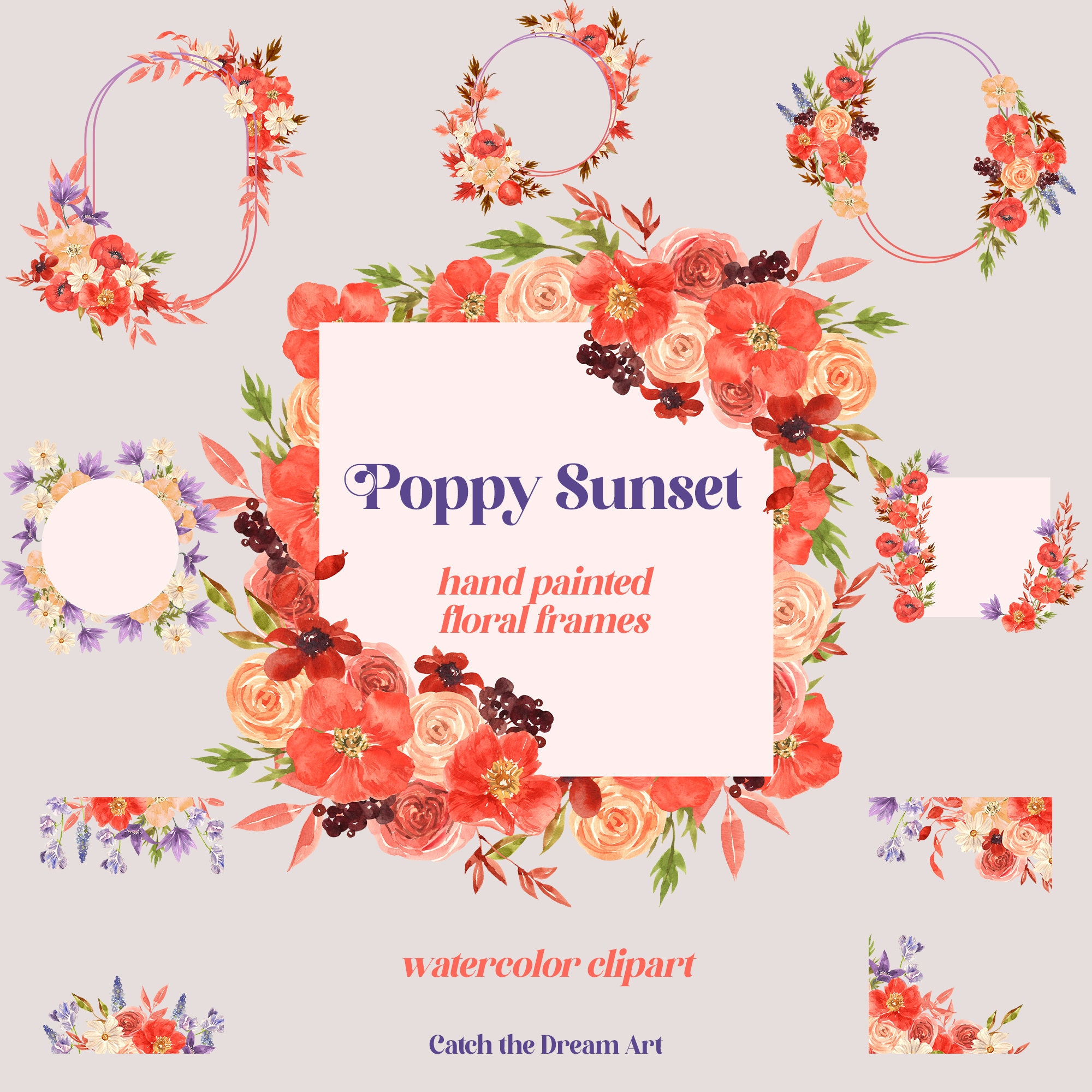 Poppy Frames Watercolor Clipart - Red Floral Frame Bright Poppies ...