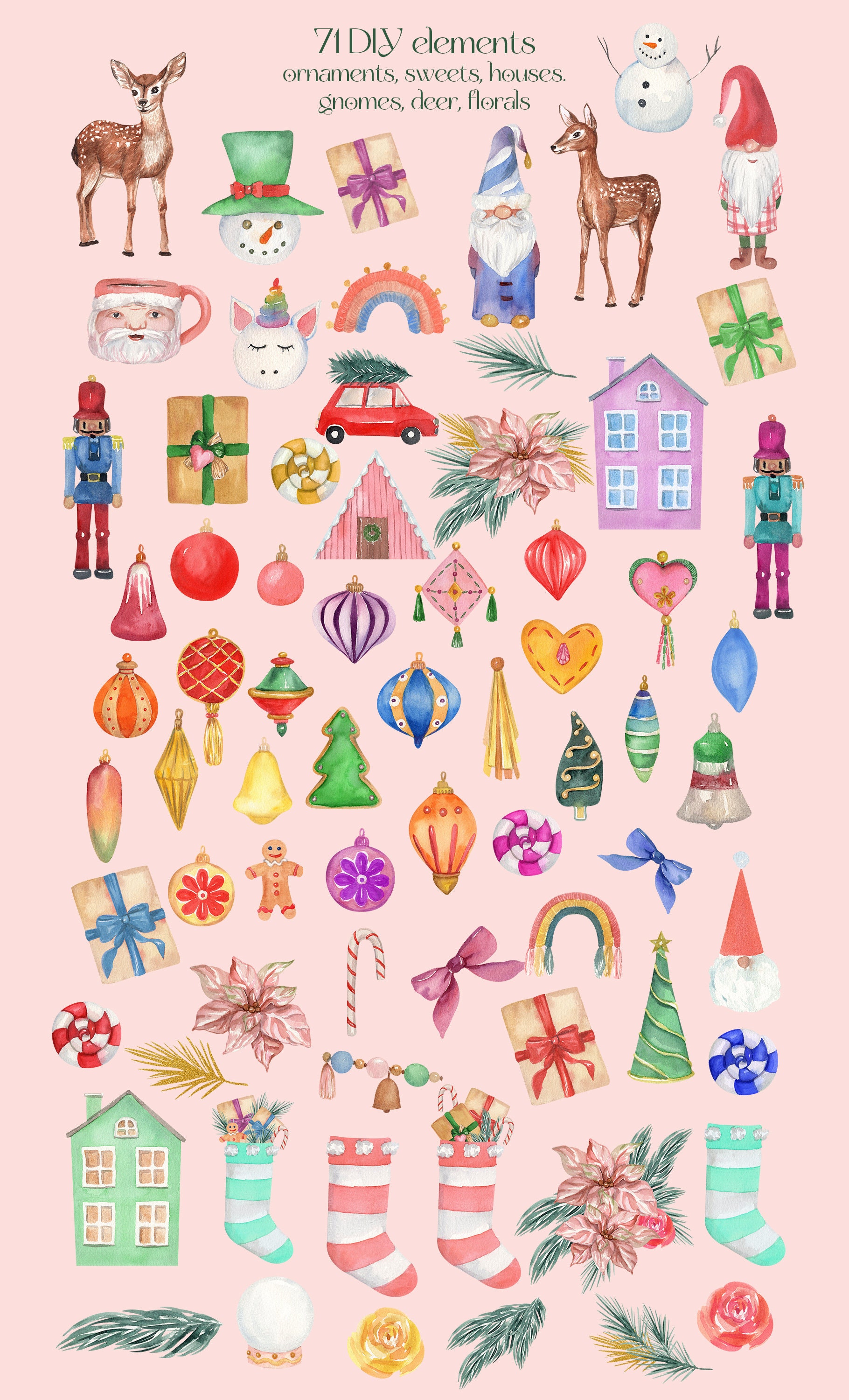 Whimsical Christmas Watercolor DIY Clipart Boho Chic Christmas Bright ...